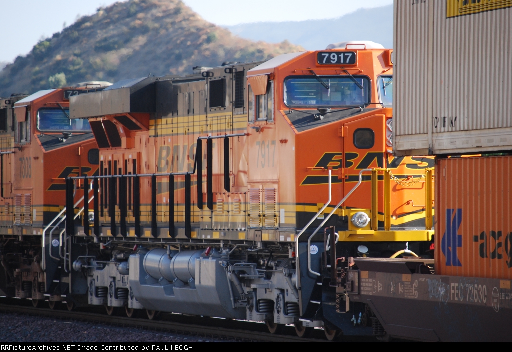 BNSF 7917 and BNSF 7308 head west as the #3 and #2 units on this Z-Train decending Cajon Pass.